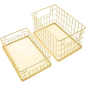 Set of 2 Stackable 10" Metal Wire Storage Basket Bins With Handles (Gold Woven Mesh Base)