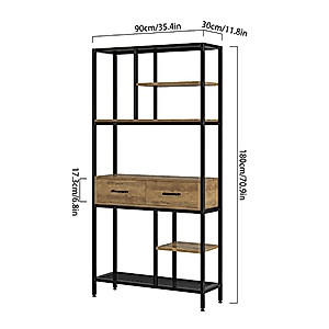 HITHOS Bookshelf, Tall Bookcase with 2 Drawers and Storage Shelves, Industrial Etagere Bookcase Book Shelves for Office, Living Room, Rustic Brown