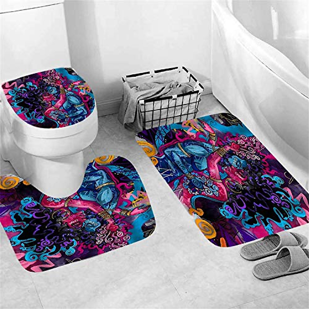 4Pcs Sets African American King&Queen Shower Curtain Met Set with Non-Slip Rugs, Toilet Lid Cover and Bath Mat,Shower Curtain with 12 Hooks, Durable Waterproof Shower Curtain