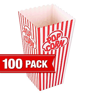 GSM Brands Popcorn Containers Boxes (100 Pack) - Striped White and Red Paper - for Home Movie Theater