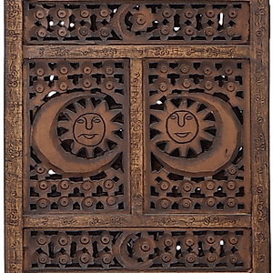 Hand Carved Sun and Moon Design Foldable 4 Panel Wooden Room Divider