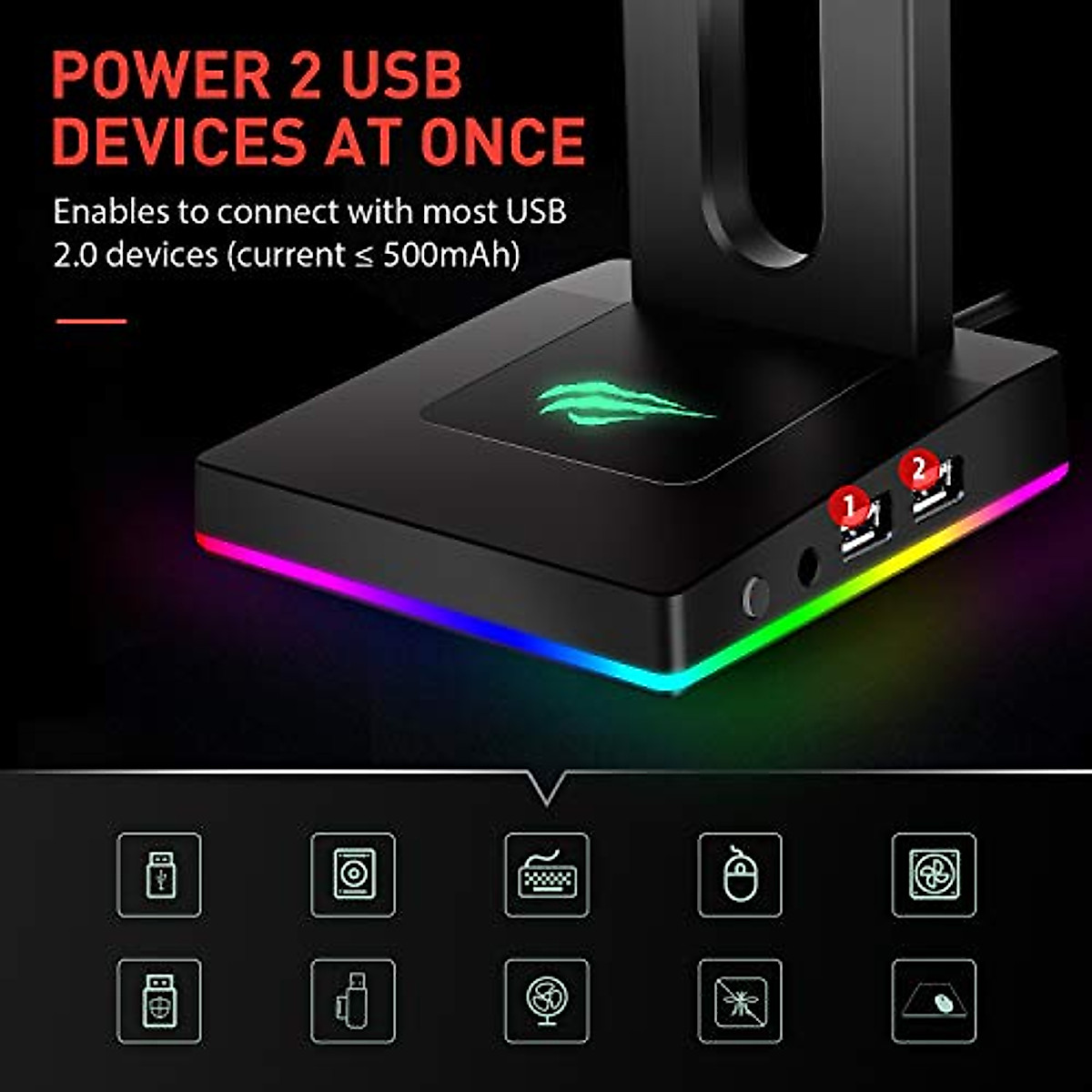 Havit RGB Headphones Stand with 3.5mm AUX and 2 USB Ports, Headphone Holder for Gamers Gaming PC Accessories