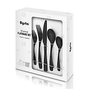 Matte Black Silverware Set, Bysta 20-Piece Stainless Steel Flatware Cutlery Set for 4, Satin Finish, Dishwasher Safe, Nice Box Package