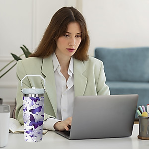 Queen Hero 30 oz Butterfly Tumbler with Handle, Large Insulated Tumbler with Flip & Straw Coffee Mug Cup Stainless Steel Gifts for Women Men Youth