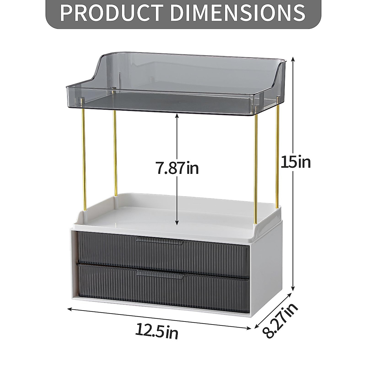 akinbas Bathroom Organizer Countertop with Stackable Drawer High-Capacity Skincare Cosmetic Storage Display Cases with 2 Drawers and 2 Tray for Bathroom(Gray)
