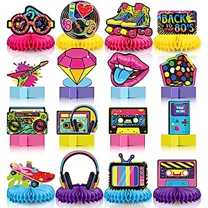Pasimy 16 Pcs 80s Themed Honeycomb Centerpieces, 1980's Hip Hop Party Favors Retro Birthday party Table Toppers Centerpiece Photo Booth Props Decorations for Nostalgic Party Rock Hippie Party Supplies