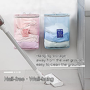 Hanging Laundry Hamper，Laundry Basket，Collapsible Clothes Hamper， Removable and Washable Bag, Metal Wire Frame ，Self-Adhesive ，For Bathroom Space Saving (Gray)