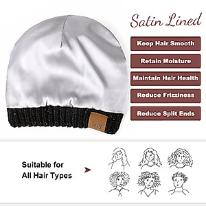 Winter Knitted Satin Lined Hats for Women Slouchy Cable Beanie Silky Soft Washed Warm Hat Black