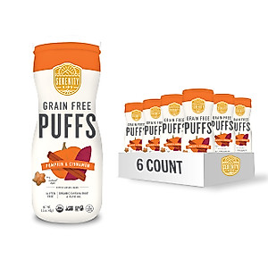 Serenity Kids 6+ Months Grain Free Puffs Toddler & Baby Snack | No Added Sugar, Gluten & Rice Free, Allergen Free | Made with Organic Cassava, Veggies, and Herbs | Pumpkin & Cinnamon | 6 Count