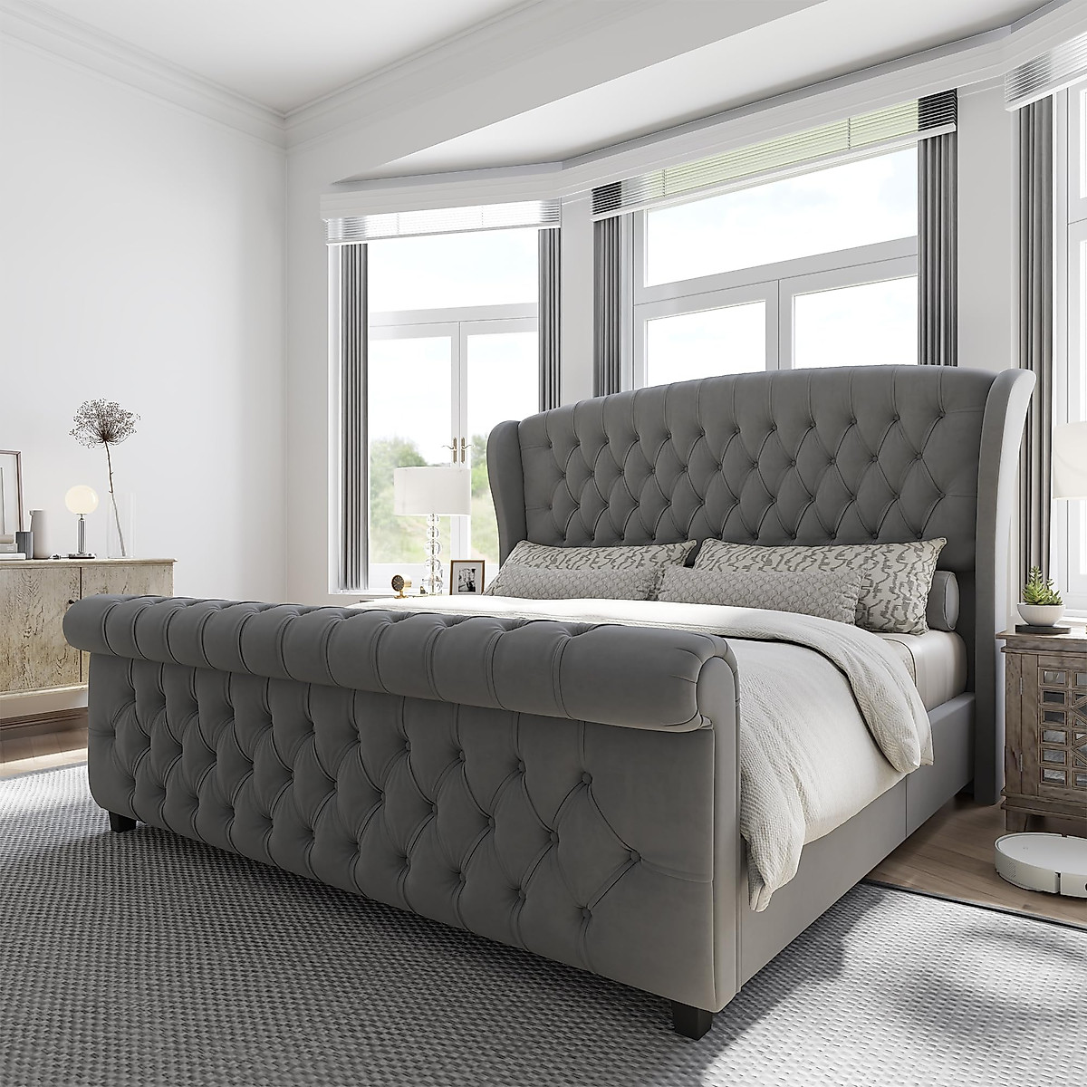 AMERLIFE King Size Platform Bed Frame, Velvet Upholstered Sleigh Bed with Scroll Wingback Headboard & Footboard/Button Tufted/No Box Spring Required/Grey