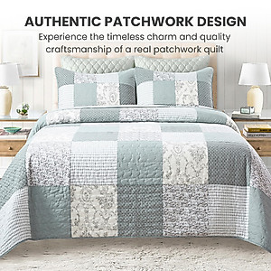 Soul & Lane Memory Lane 3-Piece Cotton Quilt Set - Queen Size with 2 Shams, Sage Green Patchwork Quilted Comforter, Lightweight Country Pieced Bedspread, Neutral Modern Farmhouse Bedding