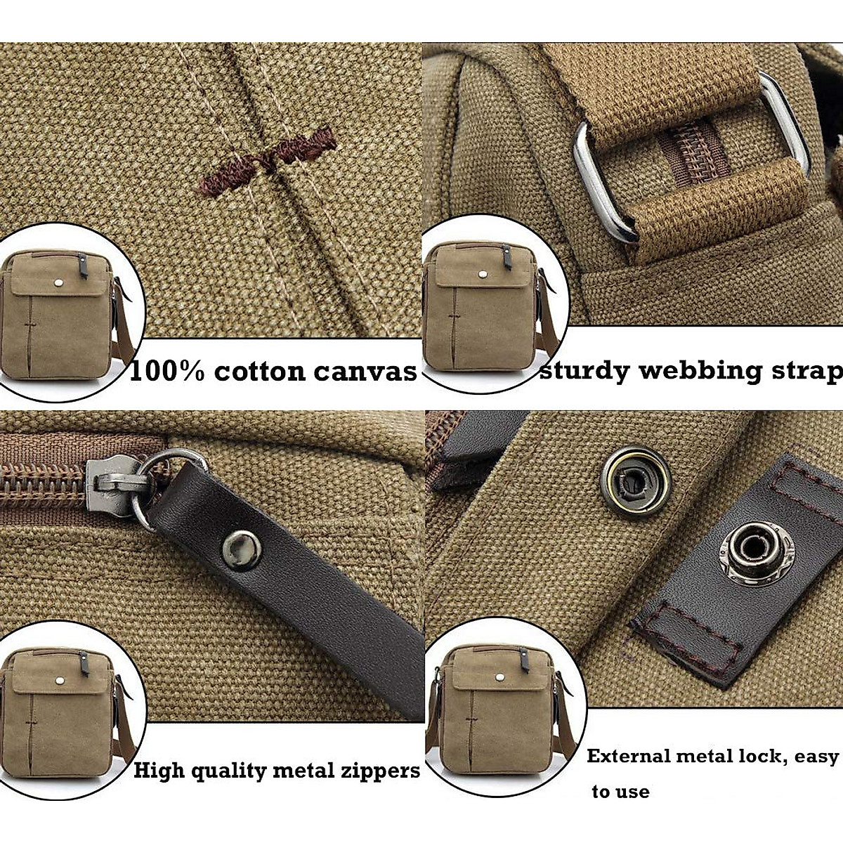 Men's Canvas Messenger Bag ,Casual Shoulder/ Chest Bag ,Travel Carry Bag,Multi-pocket Purse Handbag Crossbody Bags,Vintage Lightweight Small Satchel ,Khaki