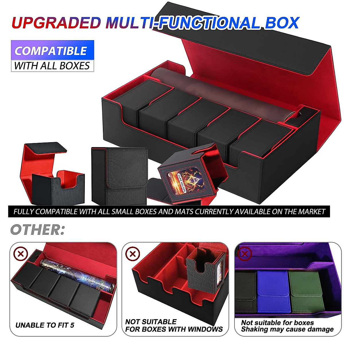 Scimi MTG Card Storage Box TCG Deck Case Holds Fits 5 Decks Card Box Or 800+ Sleeved Cards for MTG, YuGiOh, Uno, TCG, Trading Cards Sport Cards with Mat Case and Strong Magnet Closure (Black & Red)