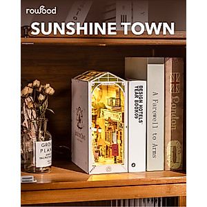 Rowood Book Nook Kits for Adults Bookshelf Insert Decor Alley 3D Wooden Puzzle Bookend DIY Craft Kits for Adults with LED Light - Sunshine Town