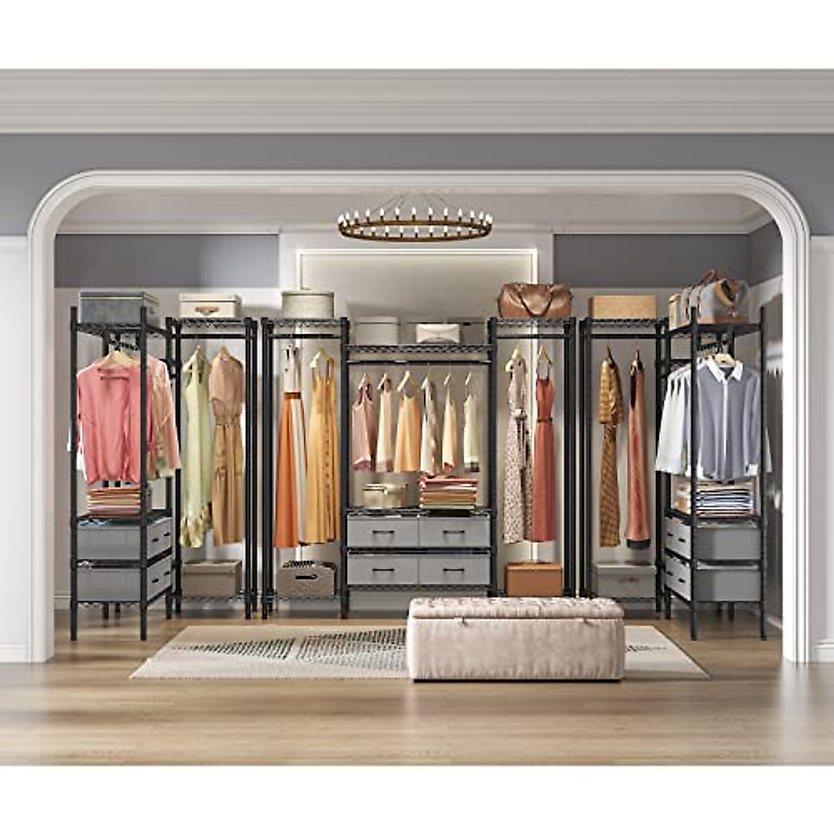 VIPEK V20 Wire Garment Rack Heavy Duty Clothes Rack, Metal Clothing Rack with 6 Shelves, 3 Hang Rods & 4 Fabric Drawers, Compact Freestanding Closet Wardrobe, 56.7" L x 14.6" W x 70.9" H, Black