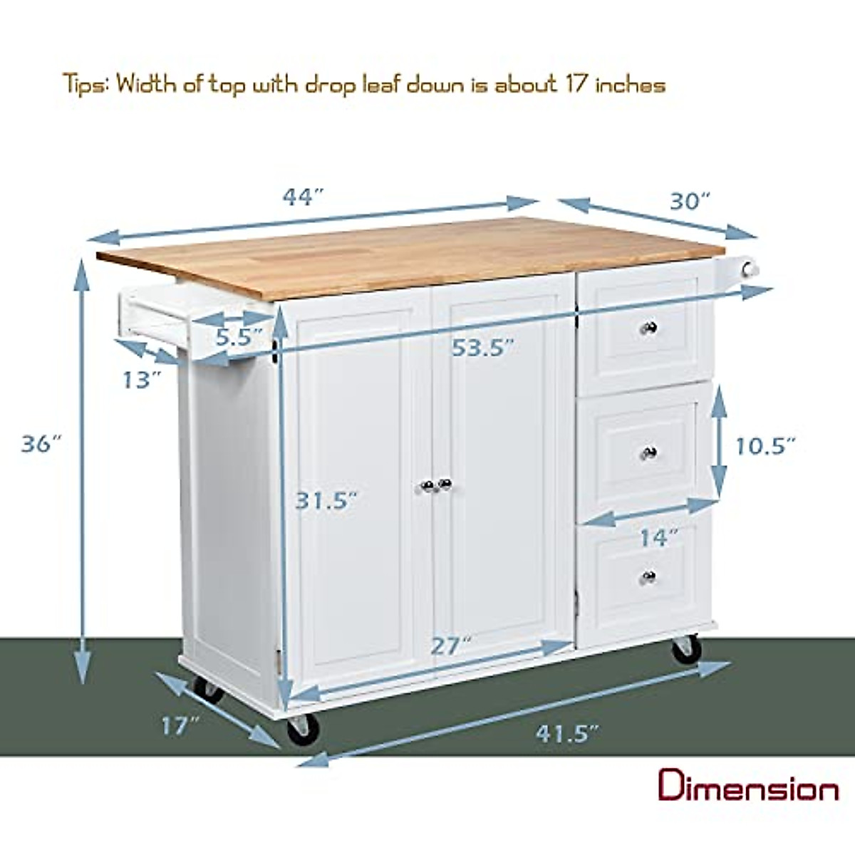 GLACER Kitchen Island Cart on Wheels, Rolling Kitchen Island with Drop Leaf Top, Kitchen Trolley Cart with Drawers, Towel Rack & Bottle Rack, 53.5 x 30 x 36 inches (White)