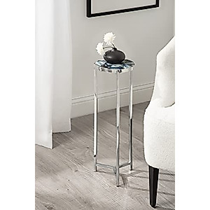 Kate and Laurel Aguilar Modern Round Drink Table, 8 x 8 x 23, Blue and Silver, Small Accent Table for Use as Plant Pedestal Stand with Agate Stone Tabletop