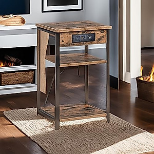 VGWHY End Table with Charging Station, 3 Tier Side Table with USB Ports and Power Outlets, Rustic Brown Night Stand for Living Room, Bedroom