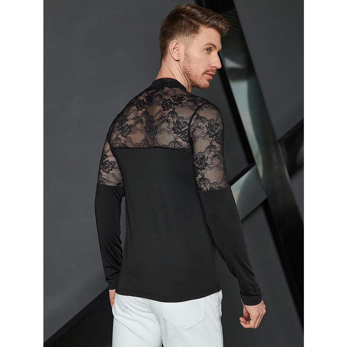 WDIRARA Men's See Through Floral Lace Mock Neck Long Sleeve Casual Tee Shirt Top Black XL