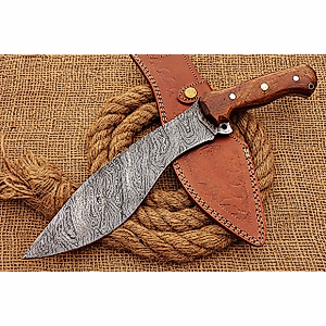 HUNTEX Handmade Hand-Forged Twist Pattern Damascus Steel 15 Inch Long Full Tang Natural Walnut Wood Handle Razor Sharp Hunting Camping Kukri Knife w/Genuine Leather Sheath