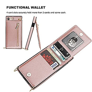 KIHUWEY iPhone SE 2020 iPhone 8 iPhone 7 Crossbody Wallet Case with 4 Card Slots,Wrist Strap Protective Kickstand Shoulder Cross Body Zipper Pocket Cover Case 4.7 Inch Rose Gold