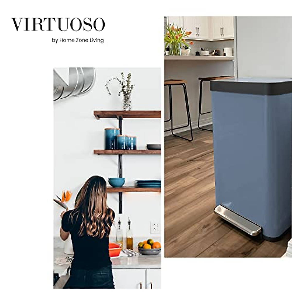Home Zone Living 18.5 Gallon Large Capacity Kitchen Trash Can, Tall Stainless Steel Liner-Free Body, 70 Liter Capacity, Matte Black, Virtuoso Series