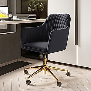 BELLEZE Modern Upholstered Velvet Desk Chair with Swivel Wheels and Adjustable Height, Decorative Rolling Office or Vanity Armchair, Stylish Comfy - Alayah (Black - Gold)