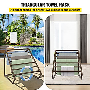 VEVOR Pool Towel Rack, 8 Bar, Brown, Freestanding Outdoor PVC Triangular Poolside Storage Organizer, Include 8 Towel Clips, Mesh Bag, Hook, Also Stores Floats and Paddles, for Beach, Swimming Pool