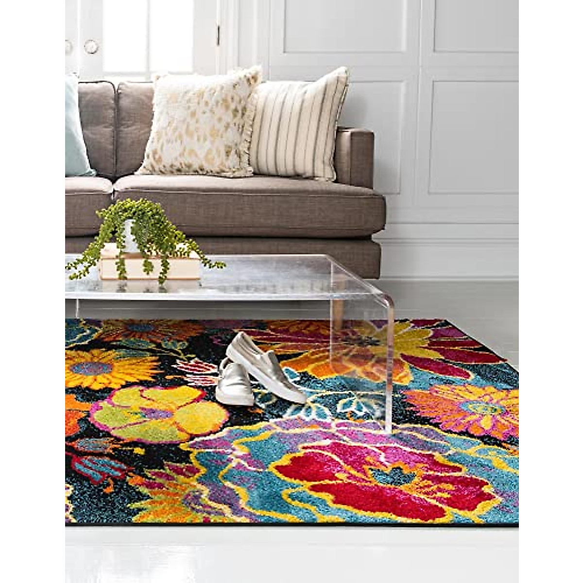 Unique Loom Lyon Collection Colorful Modern Floral Garden Area Rug, Rectangular 9' 0" x 12' 2", Black/Green