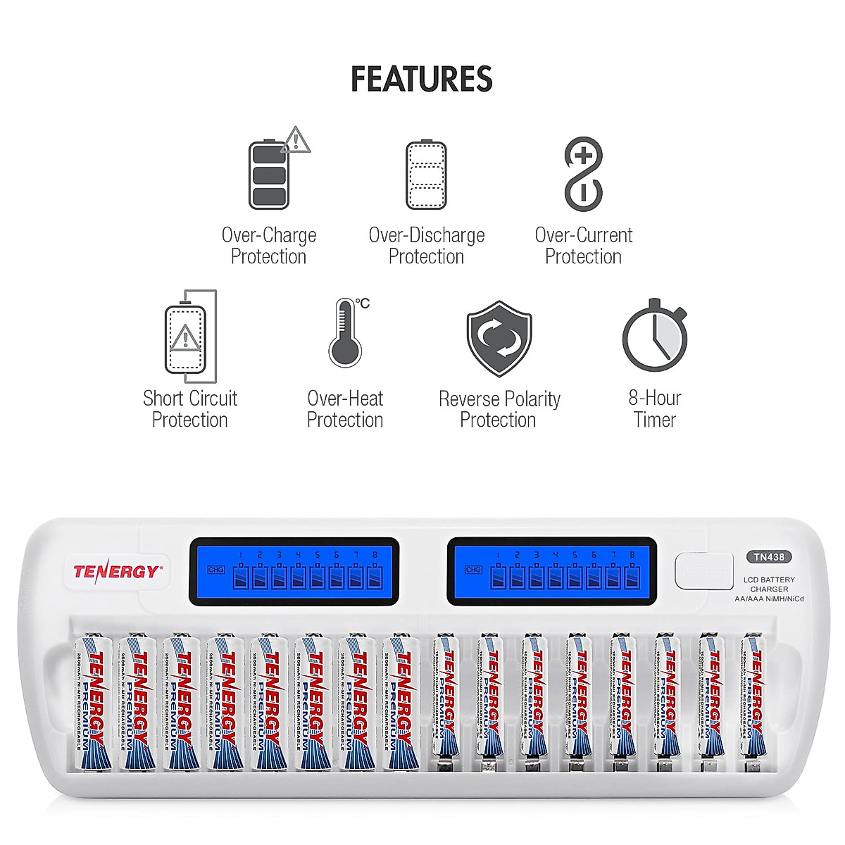 Tenergy TN438 16 Bay Battery Charger for AAA and AA Rechargeable Batteries, AA/AAA NiMH/NiCd Rechargeable Batteries Charger with AC Wall Adapter and Car Adapter