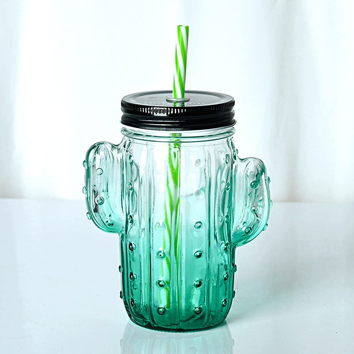 SEWACC 2 Sets Cactus Drinking Glasses Plant Shape Glass Straw Cup Creative Cute Shot Glasses Water Cups Iced Coffee Cup Wide Mouth Bubble Cups for Cocktail Beverage 400ML