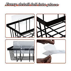 PoPThinG Shower Caddy, Bathroom Storage Shelf, Shampoo Organizer Basket with 3 Hooks and 2 Paste Adhesive. Large Capacity, Not Easy to Fall. Rust Proof Metal Shower Rack, Kitchen Storage. ( Black )