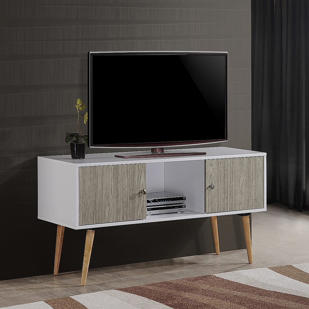 Hodedah Retro Style TV Stand with Two Storage Doors, and Solid Wood Legs, White