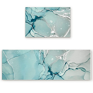 Gemhome Marble Absorbent Kitchen Rugs and Mats Set of 2, Modern Marble Non-Slip Comfort Floor Rug, Doormat Runner Carpet for Laundry Bathroom 15.7x23.6in+15.7x47.2in, Aqua Teal Marble Pattern