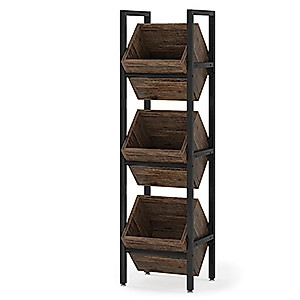 LITTLE TREE 3-Tier Basket Stand, Wooden Floor Stand Shelving Unit, Rustic Standing Organizer Storage Rack for Kitchen, Bathroom, Living Room