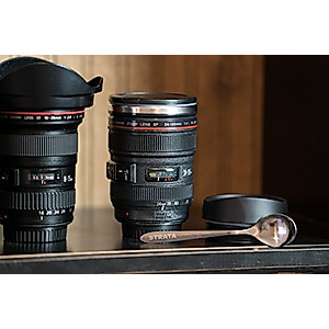 STRATA CUPS Camera Lens Coffee Mug -13.5oz, SUPER BUNDLE! (2 LIDS + SPOON) Stainless Steel Thermos, Sealed & Retractable Lids! Photographer Camera Mug, Travel Coffee Cup, Coffee Mugs for Men, Women