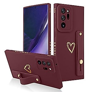 Fiyart Designed for Samsung Galaxy Note 20 Ultra Case with Stand Holder Cute Love Hearts Protective Camera Protection Cover with Wrist Strap for Women Girls for Galaxy Note 20 Ultra 6.9"-Wine Red