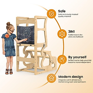 Toddler Tower, Kitchen Stool Helper for Toddlers, Learning Wooden Tower with Chalkboard and Backrest, 3 in 1 Kitchen Standing Tower, Foldable Weaning Table with Safety Rail, Step Stool Montessori