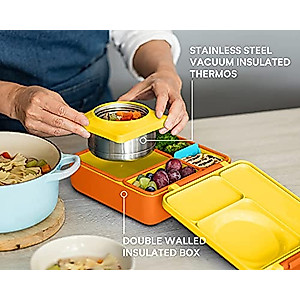 OmieBox Bento Box for Kids - Insulated Bento Lunch Box with Leak Proof Thermos Food Jar - 3 Compartments, Two Temperature Zones - (Sunshine) (Single) (Packaging May Vary)