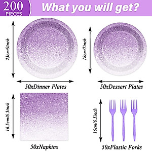 200pcs Ombre Purple Party Supplies Gradient Pastel Purple Plates Napkins Light Purple Sprinkle Party Decorations Purple Tableware Dinnerware for Girls Women Birthday Wedding Serves 50 Guests
