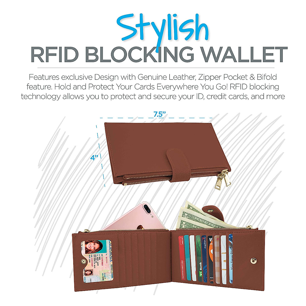Maze Exclusive RFID Blocking Wallet for Women | Attractive Design with Genuine Leather, Zipper Pocket, Bifold Feature | Hold and Protect Your Cards Everywhere You Go (Brown)