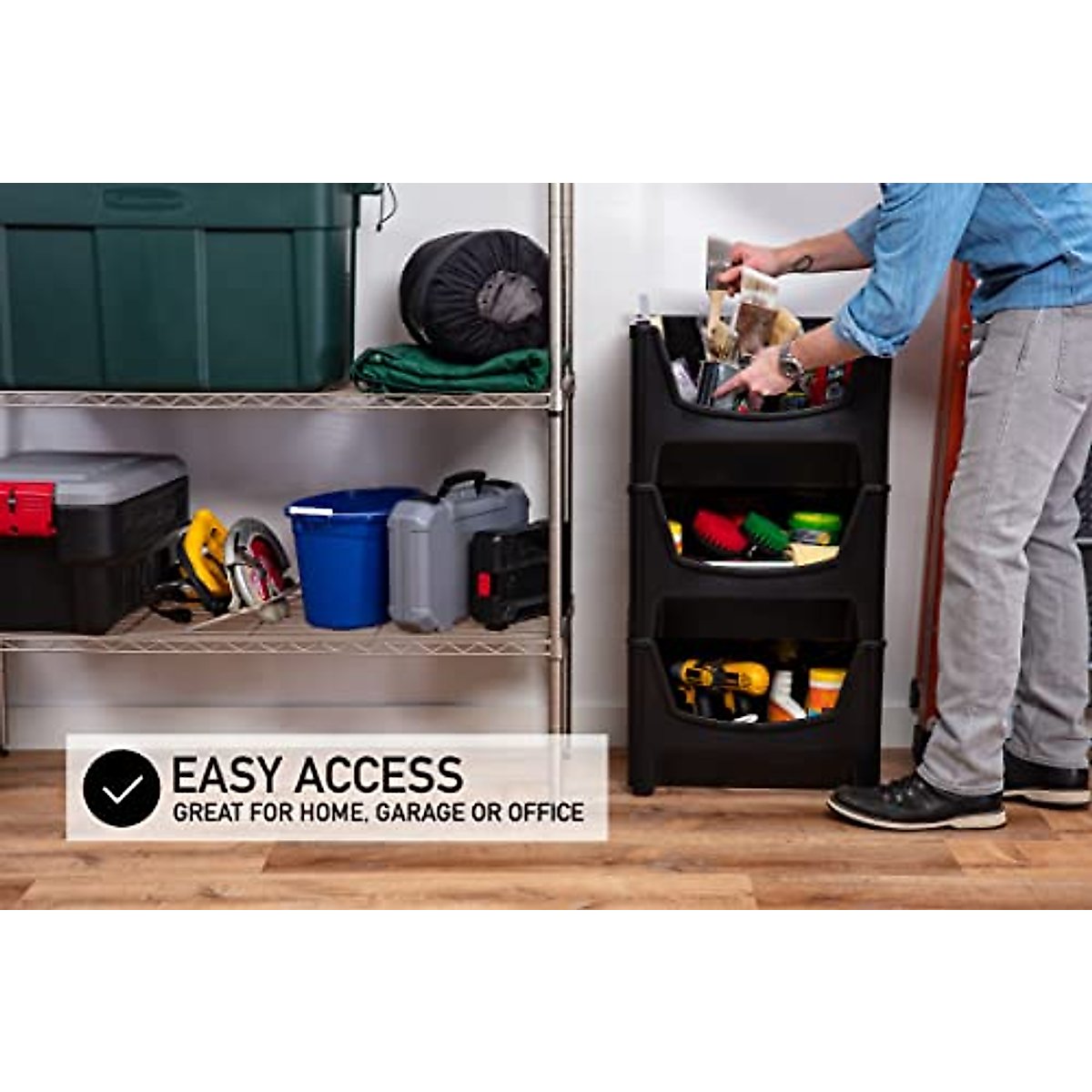 Mighty Tuff Jumbo Stackable Storage Bins, Pack of 3, Easy-Access Storage, Large Easy-To-Grip Handles, Wide Front Opening, Interlocking, Stack Vertically, Black