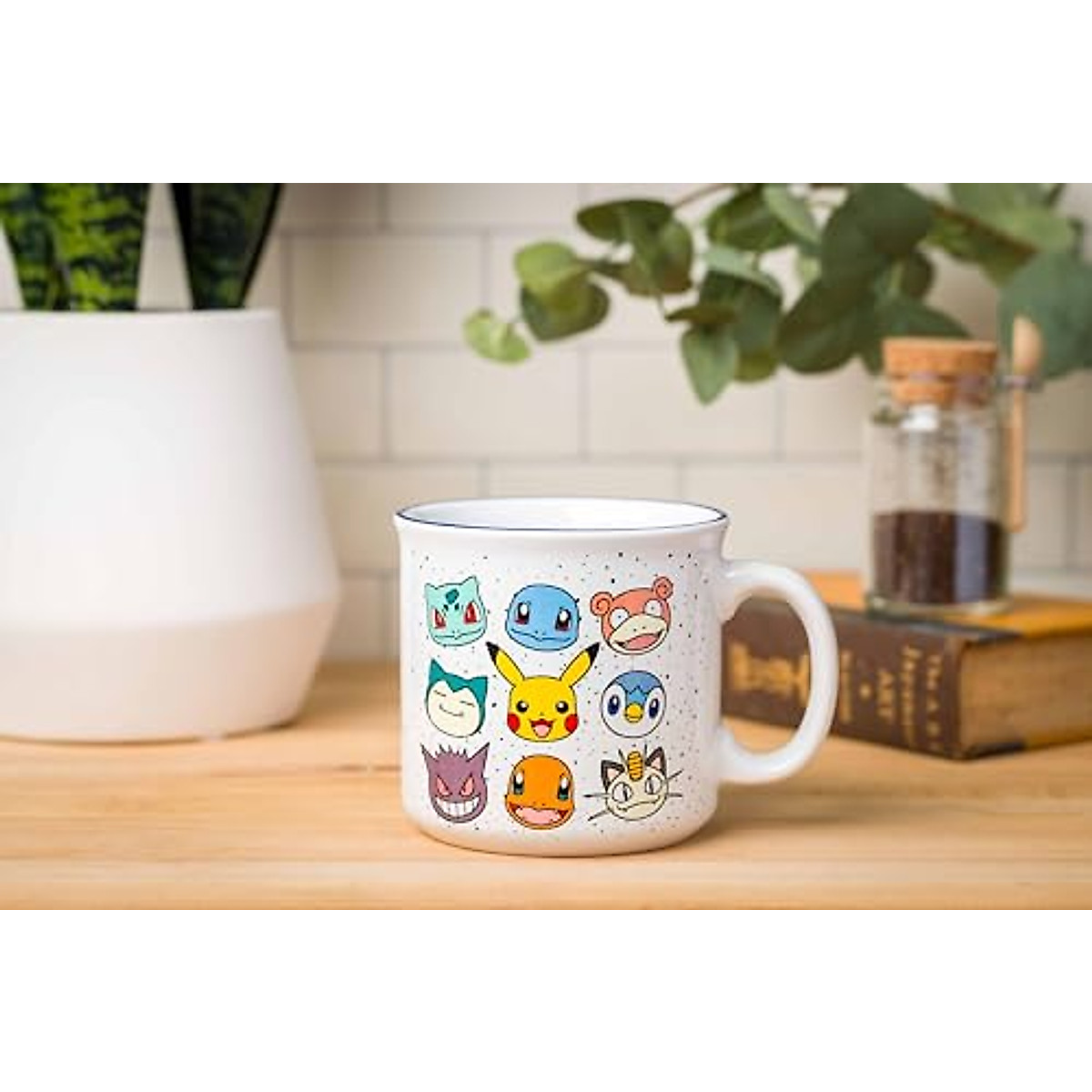 Silver Buffalo Pokemon Bulbasaur, Squirtle, Slowpoke, Snorlax, Pikachu, Piplup, Haunter, Charmander, and Meowth Camper Mug, 20 Ounces