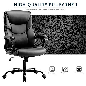 Sweetcrispy Office Chair - High Back Executive Leather Desk Chairs with Flip-up Arms (Fixed Armrest, Black)
