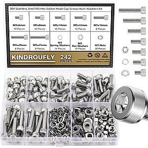 Kindroufly 242 Pieces M5 x 6/8 /10/12 /16/20 /25mm Hex Socket Head Cap Screws Nuts Washers Assortment Kit, 304 Stainless Steel, Fully Machine Thread