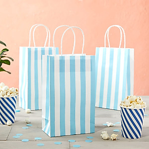 Sparkle and Bash Light Blue Striped Party Favor Gift Bags with Handles for Boys Baby Showers (50 Pack)