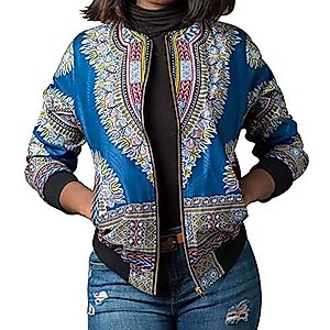 DONTAL Women Dashiki Coat Retro Long Sleeve African Print Short Casual Jacket Autumn Outwear Blue