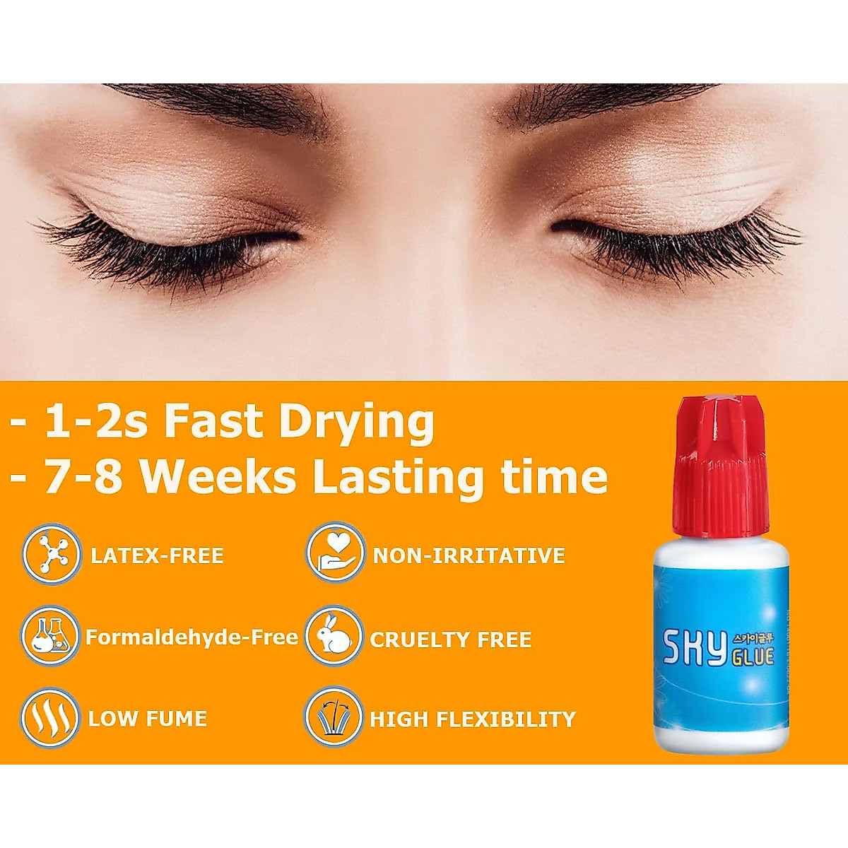 2 Bottles Sky Glue S+ for Eyelash Extension 5ml - Powerful Strong Professional Black Bonding Adhesive for Lash Extensions / 1-2s Fast Drying / 6-8 Weeks Lasting time TUBeauty