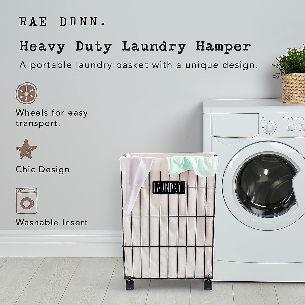 Rae Dunn Heavy Duty Laundry Hamper on Wheels - Lined Basket with Removable Cloth Liner - By Designstyles
