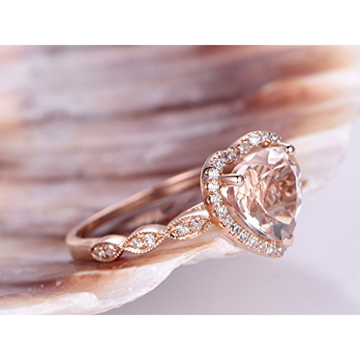 8mm Heart Shaped Cut Pink Morganite 14k Rose Gold Diamond Halo Marquise Engagement Ring Wedding Band